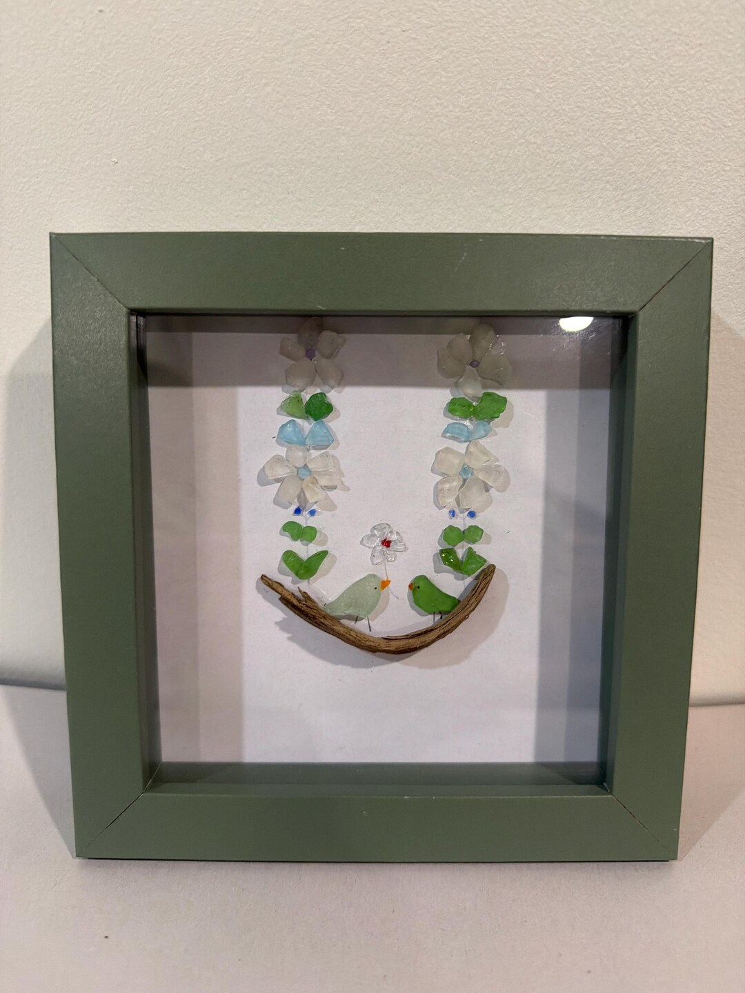 Maine Sea Glass Art: Two Birds on Driftwood Swing, 5x5 Shadow Box Frame ...