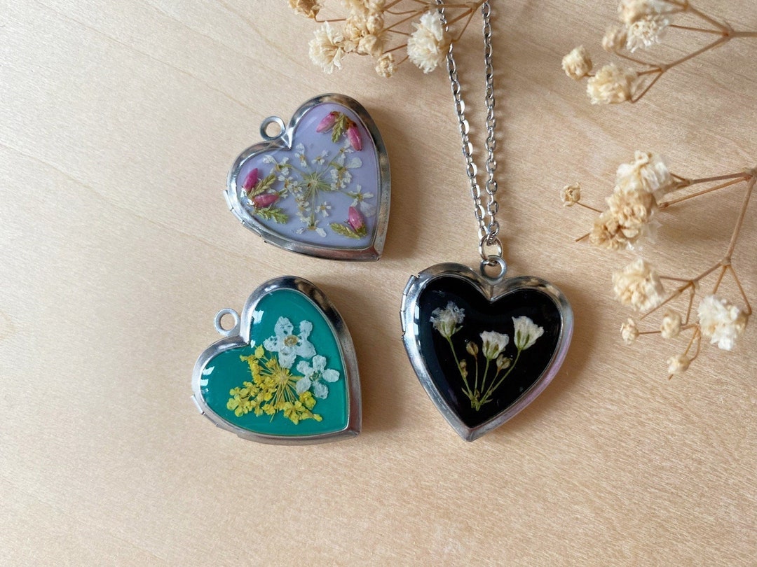 Heart Photo Locket With Babys Breath, Gift for Loss, Necklace With ...