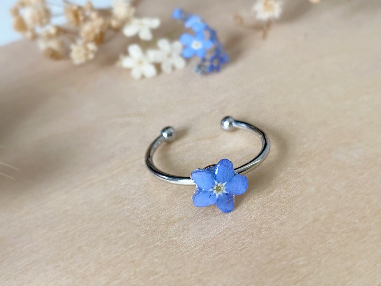Forget Me Not Adjustable Ring, Dainty Silver Ring, Pressed Flower Ring ...