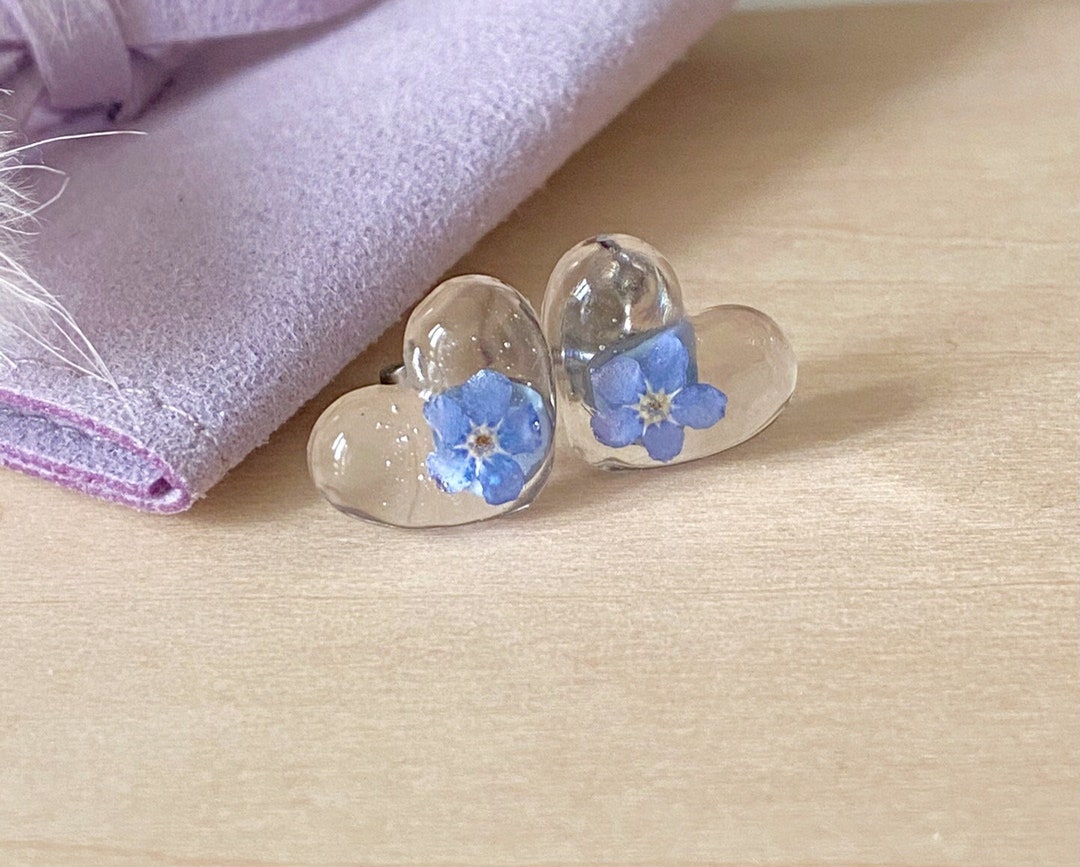 Love Heart Flower Earrings, Forget Me Not Earrings, Tiny Heart Studs ...