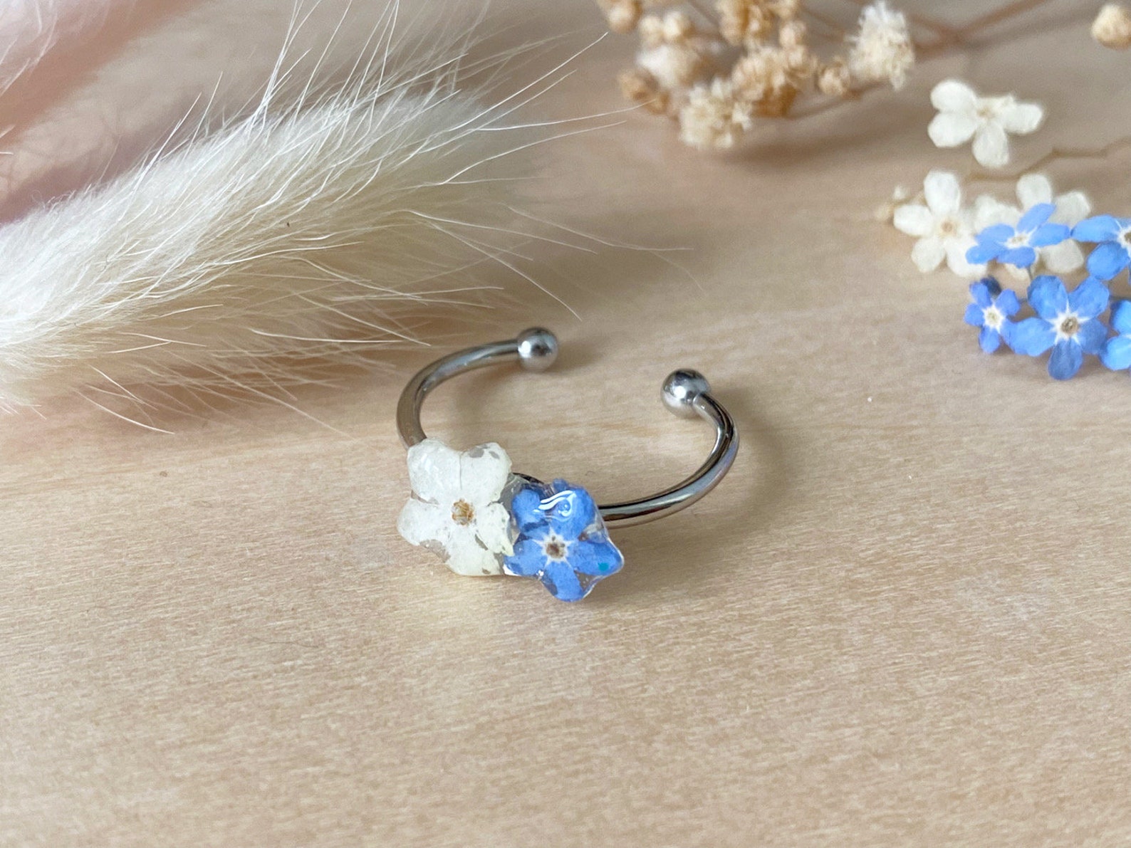 Forget Me Not Adjustable Ring, Dainty Silver Ring, Pressed Flower Ring ...