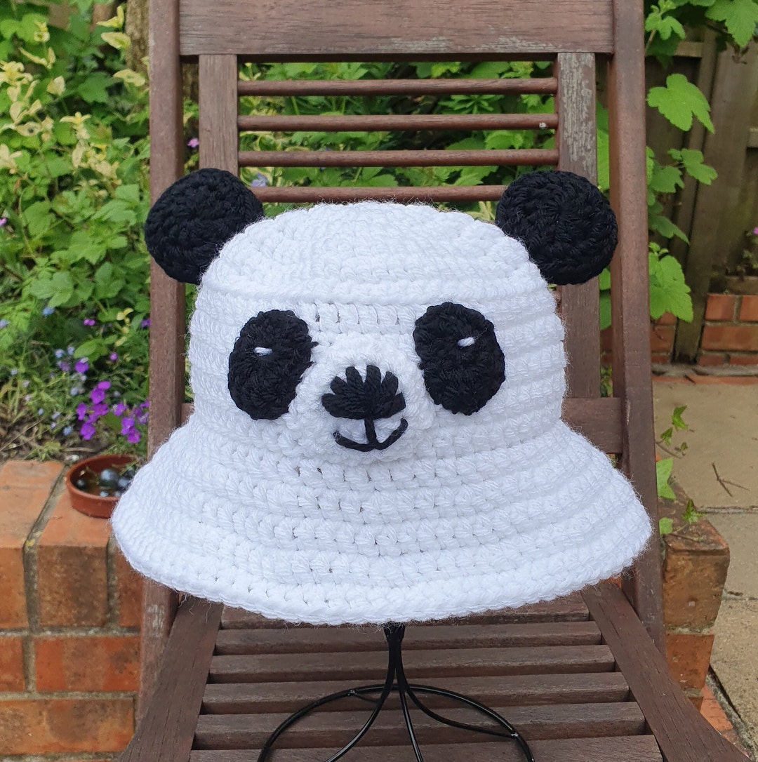 Panda Bucket Hat, Crochet Festival Bucket Hat, White With Black Details ...
