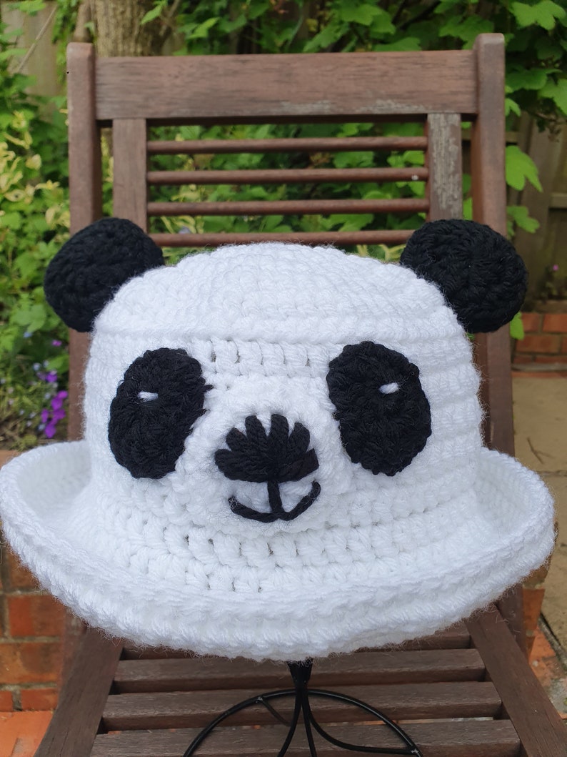 Panda Bucket Hat, Crochet Festival Bucket Hat, White With Black Details ...