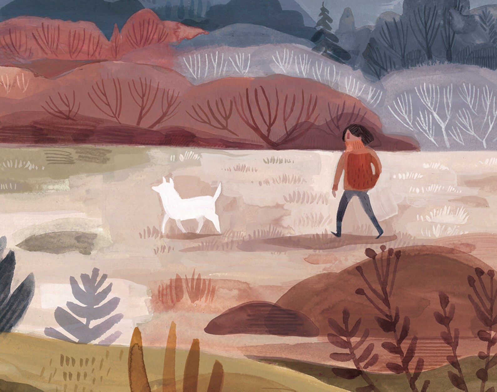 Autumn Landscape Art Print Dog Walk Illustration Fall - Etsy