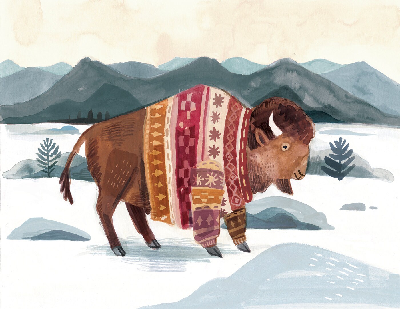 Bison in Knitwear Art Print Landscape Holiday Home Decor - Etsy