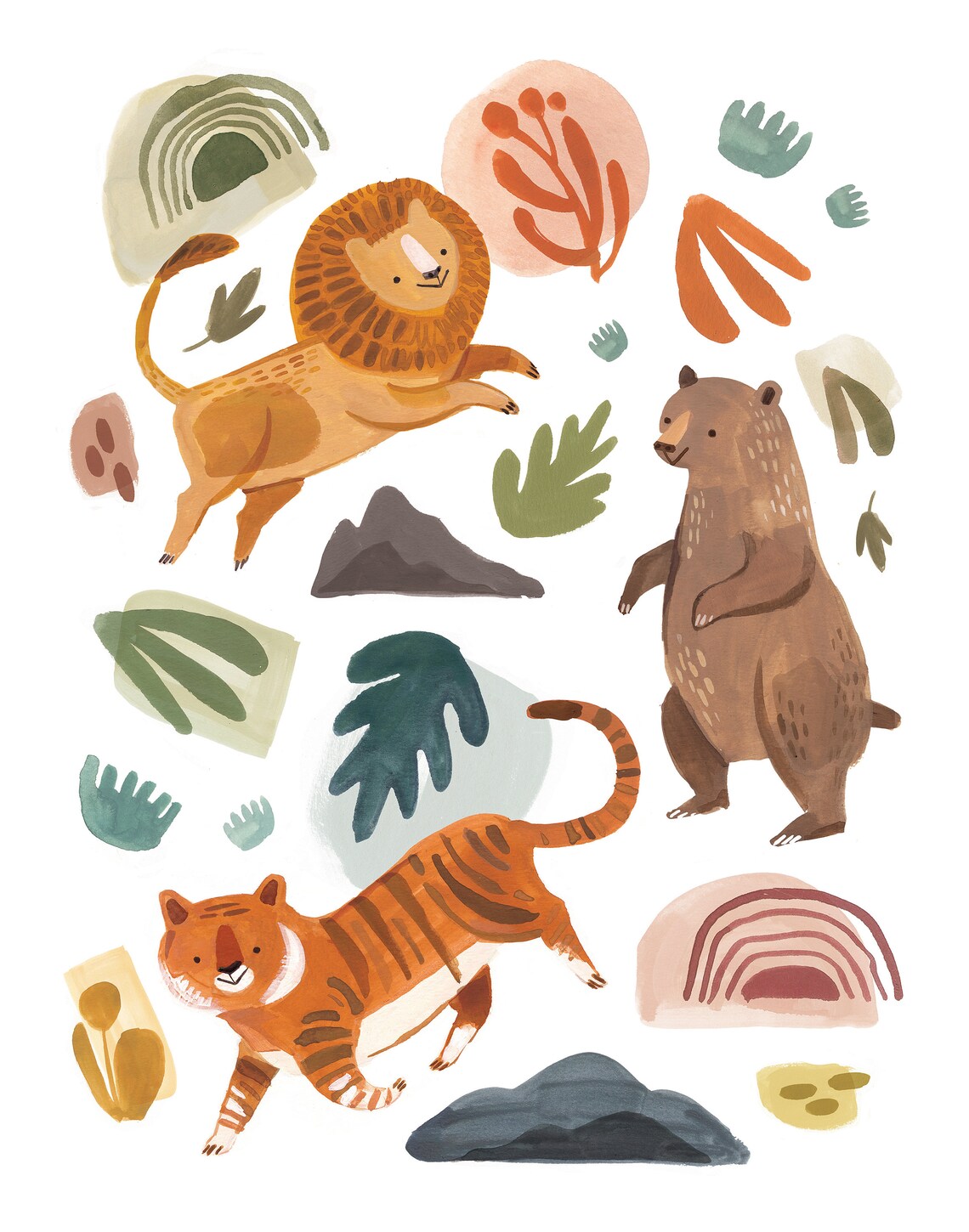 Lions Tigers and Bears Art Print Large 12 X 16 | Etsy