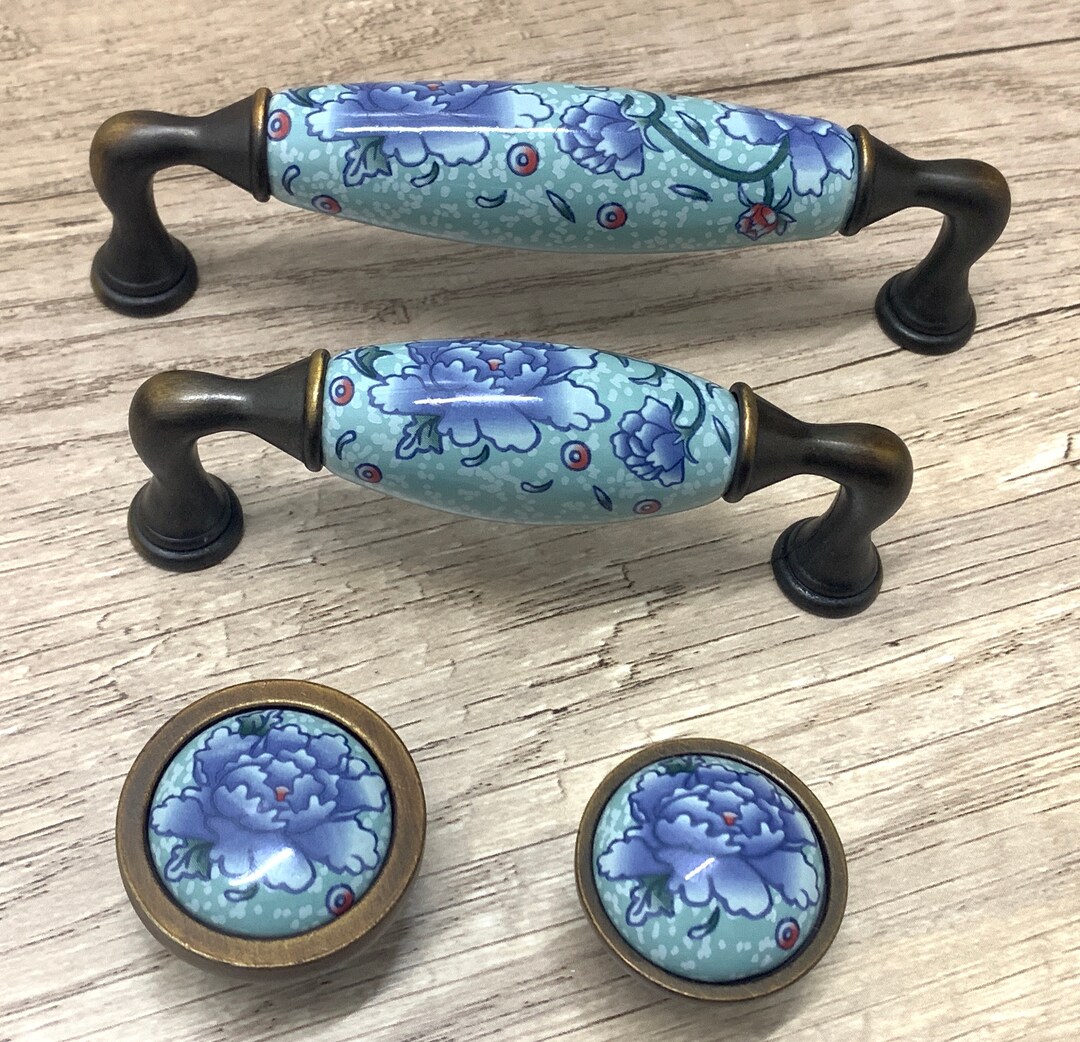 3.75” 5" Blue Flower Handle Pull Floral Ceramic Knob Drawer Dresser ...