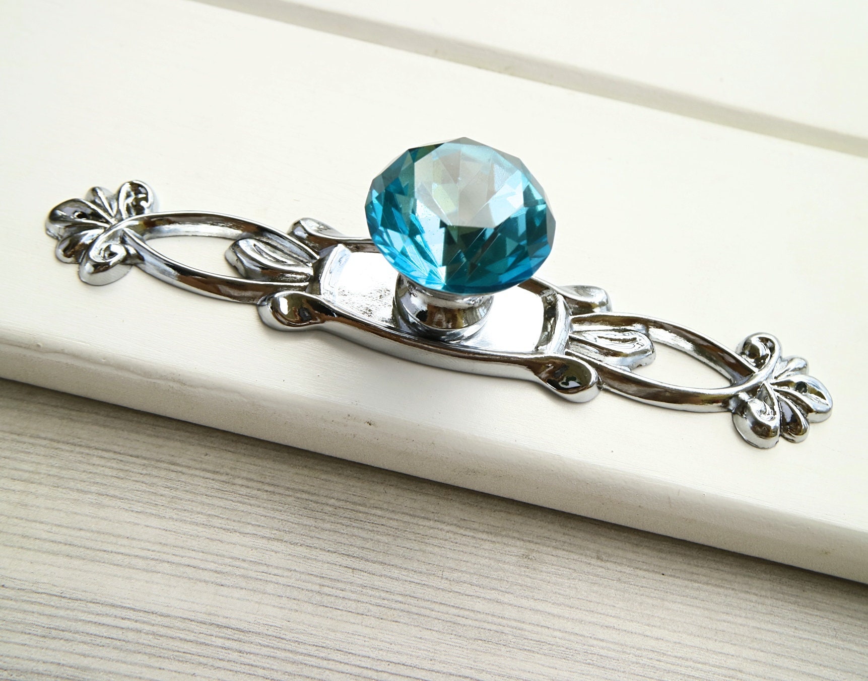 Silver chrome back plate handle blue rhinestone knob drawer | Etsy