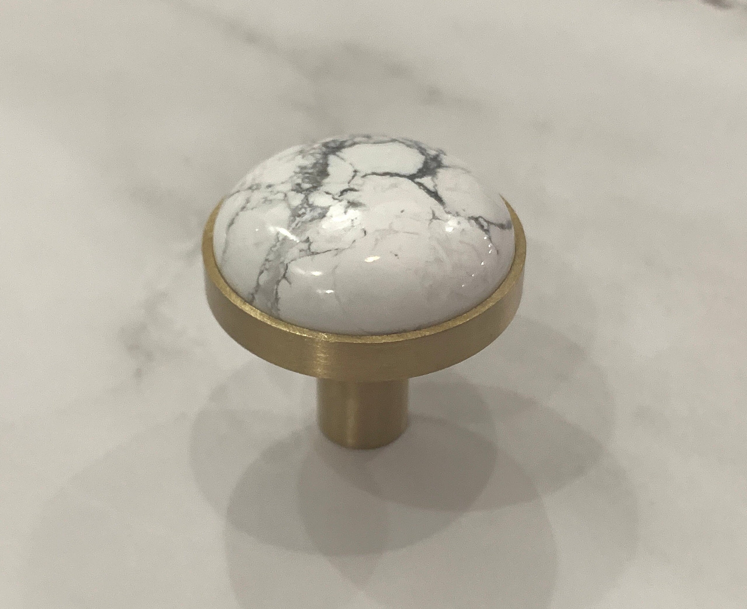 White natural gem stone knob gray crackle handle brushed brass | Etsy