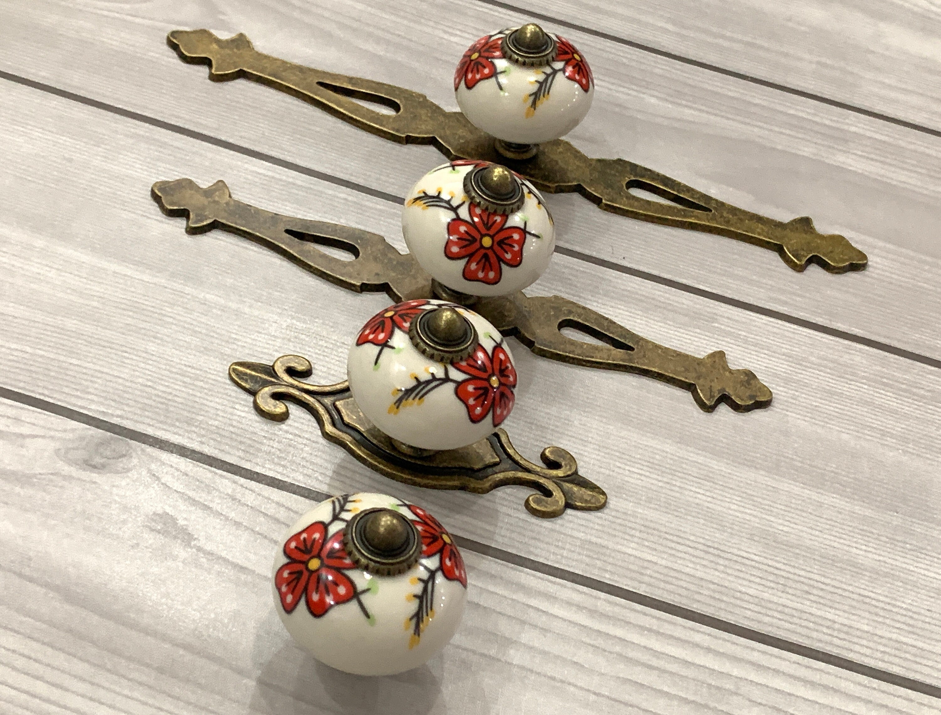Red Flower Handle Knob Porcelain Handle Pull White Red Drawer Pull ...