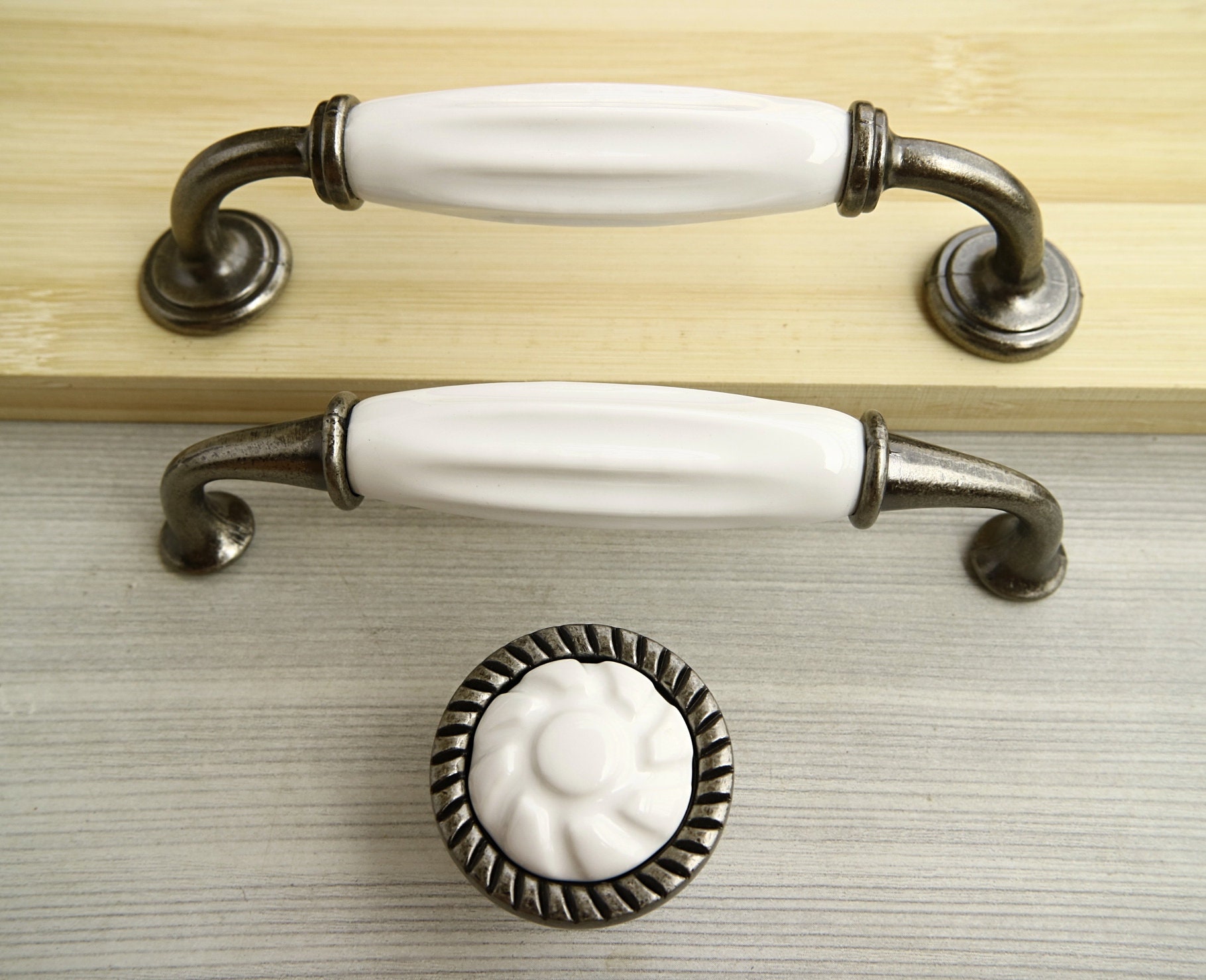 5 White porcelain dresser handle pewter drawer knob | Etsy
