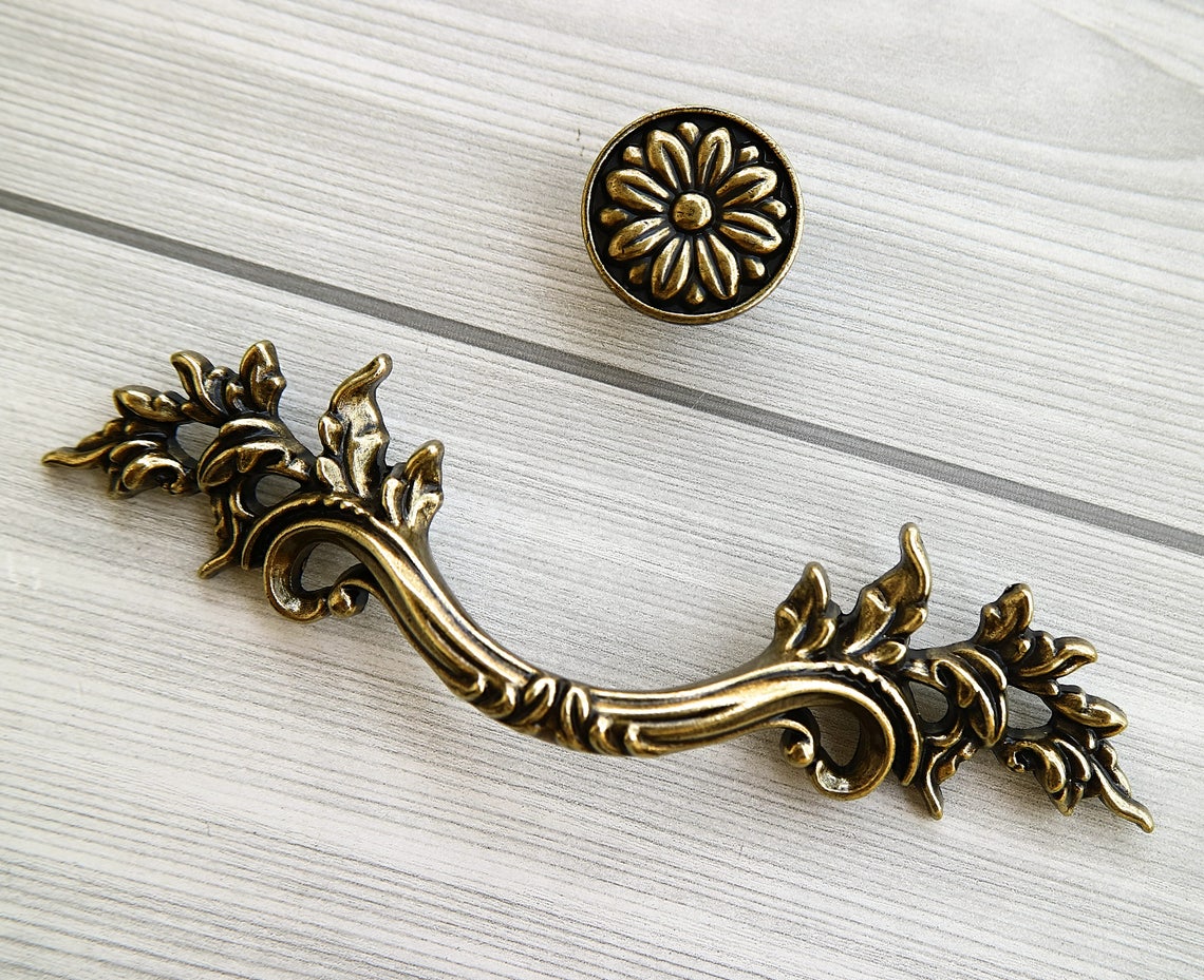 Antique Bronze Funiture Handle Pull Drawer Leaf Handle Flower - Etsy