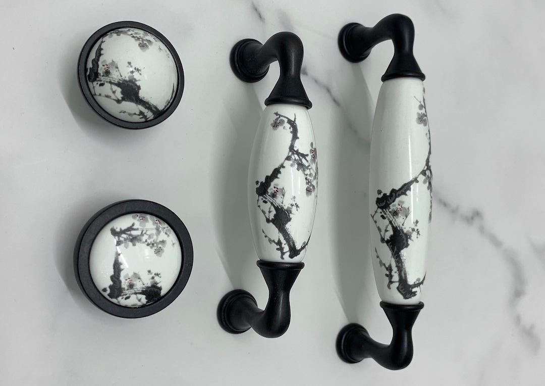 3.75" 5" Branch Flower Handle Knob White Black Ceramic Handle Porcelain ...