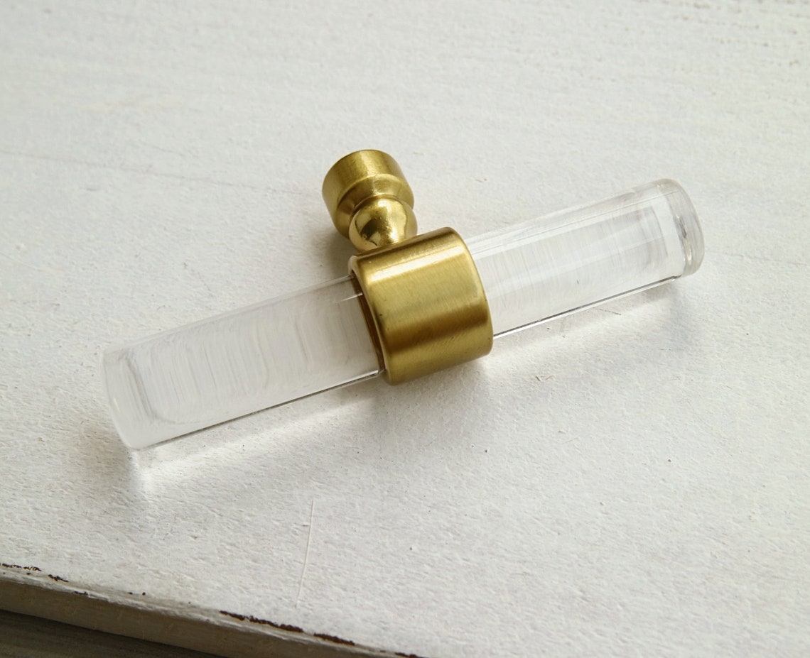 Clear Acrylic Drawer Knob Brushed Gold Brass Dresser Handle - Etsy