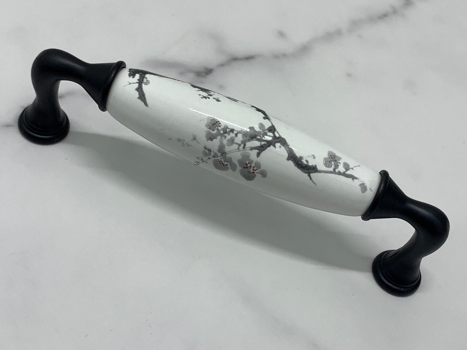 3.75" 5" Branch Flower Handle Knob White Black Ceramic Handle Porcelain ...