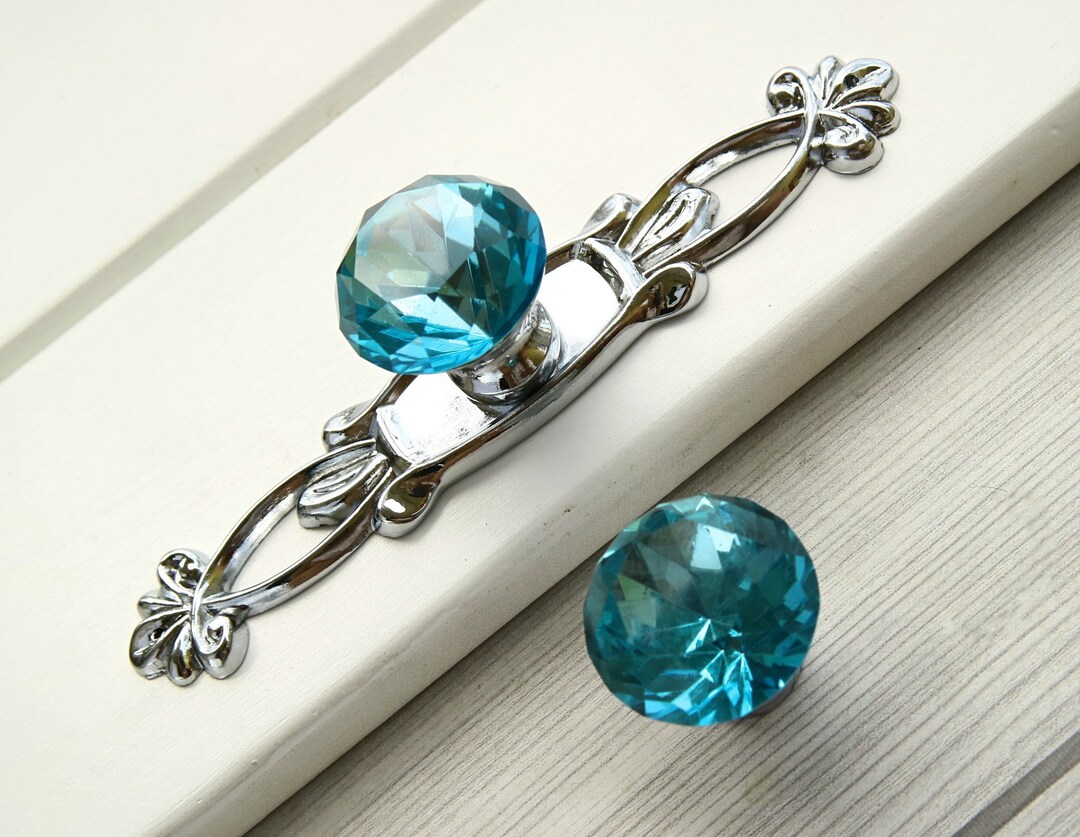Silver Chrome Back Plate Handle Blue Rhinestone Knob Drawer Crystal ...