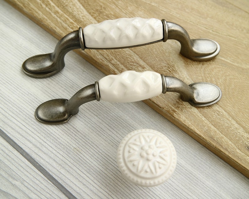 3 3.75 White Porcelain Drawer Knob Antique Silver | Etsy