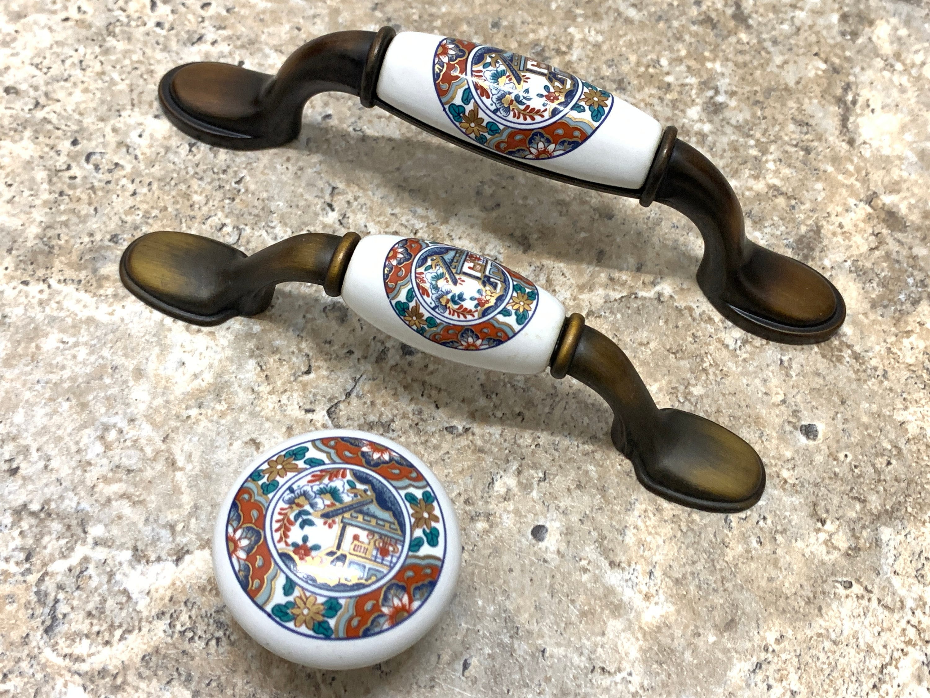 3" 3.75" Ceramic Knob Unique Ancient Picture Handle Red White Porcelain ...