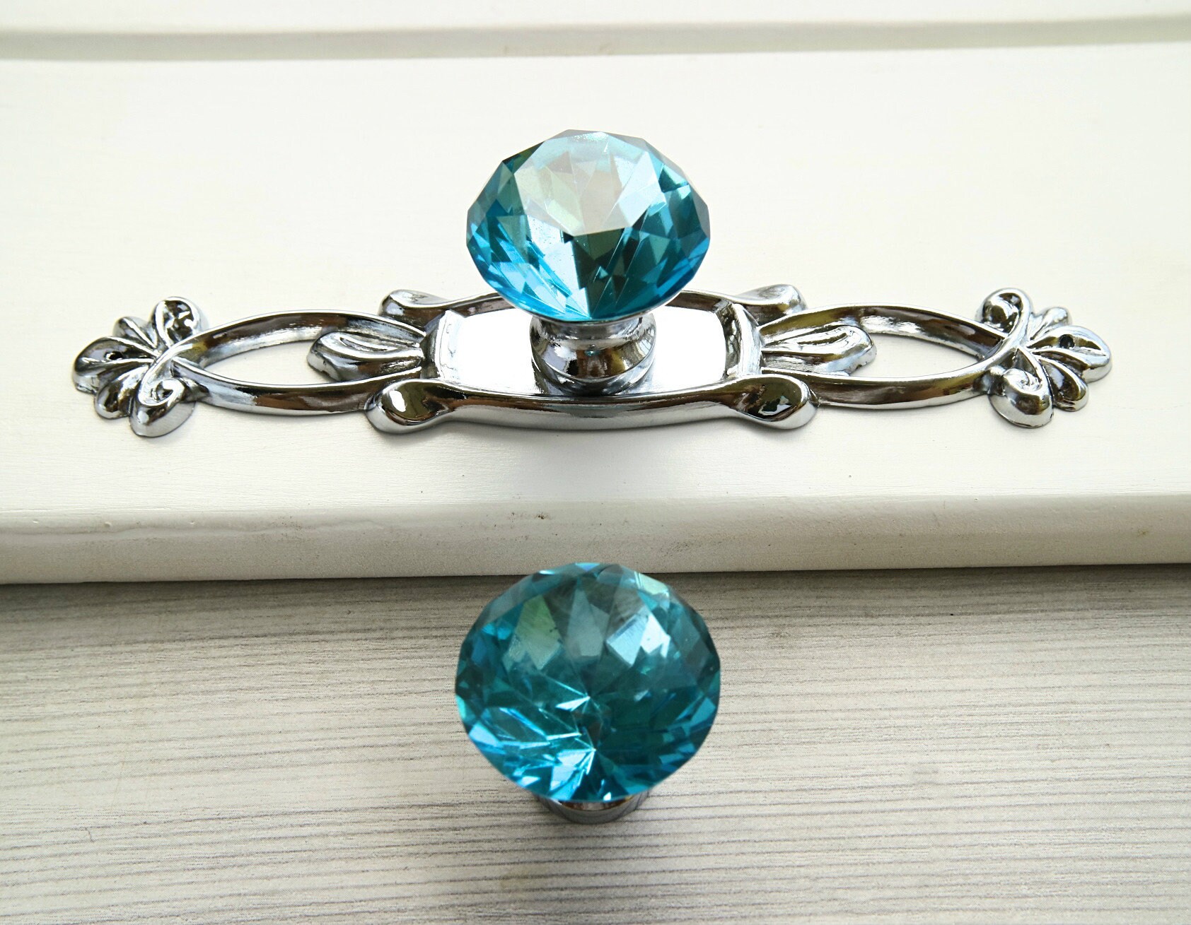 Silver Chrome Back Plate Handle Blue Rhinestone Knob Drawer - Etsy