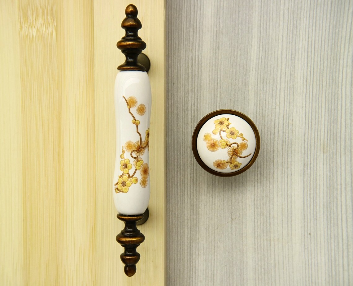 3 Yellow Floral Knob Drawer Dresser Pull White Porcelain - Etsy