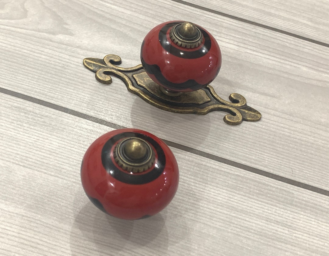 Red Porcelain Handle Knob Drawer Dresser Pull Red Black Wardrobe Knob ...