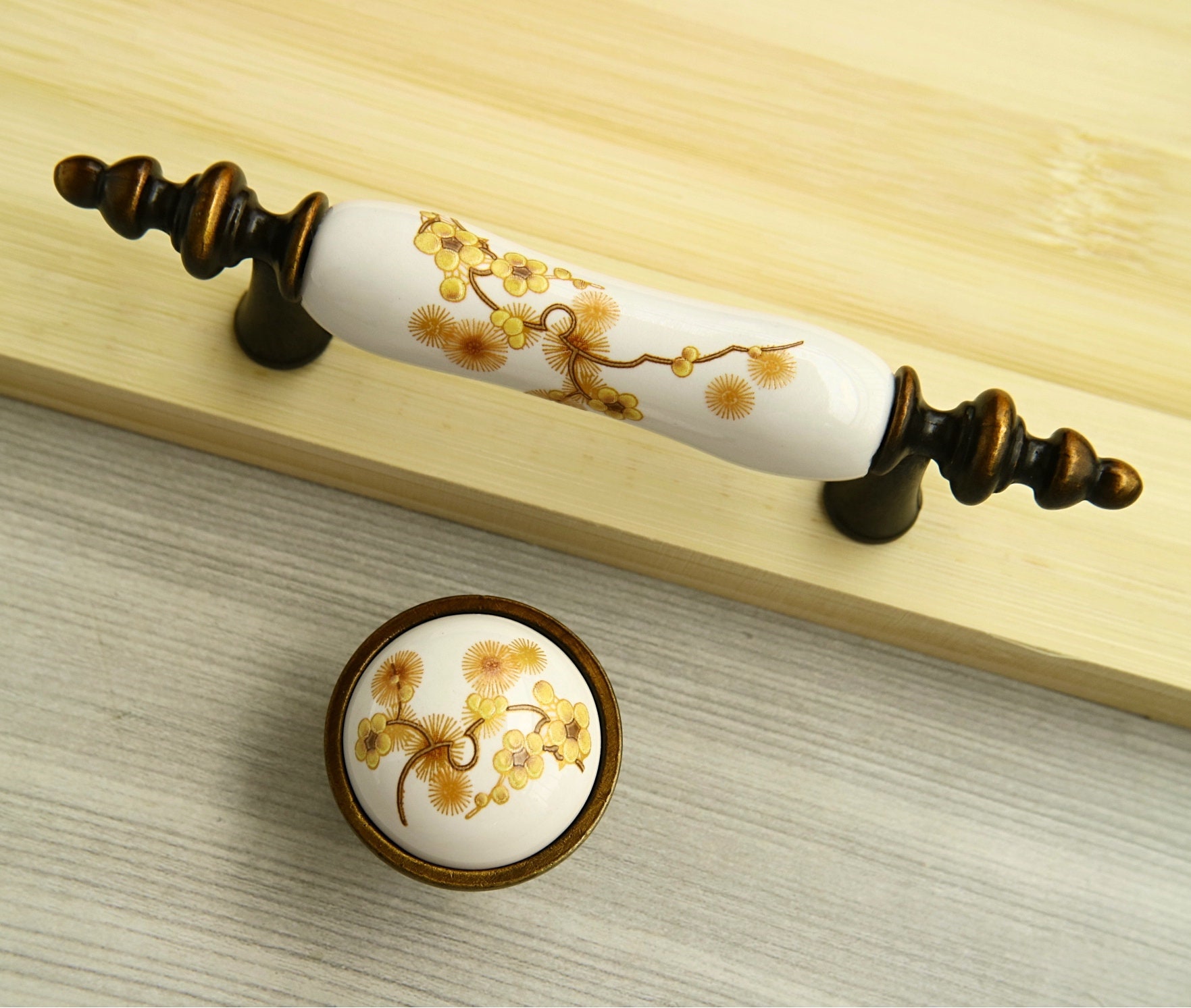 3 Yellow Floral Knob Drawer Dresser Pull White Porcelain - Etsy