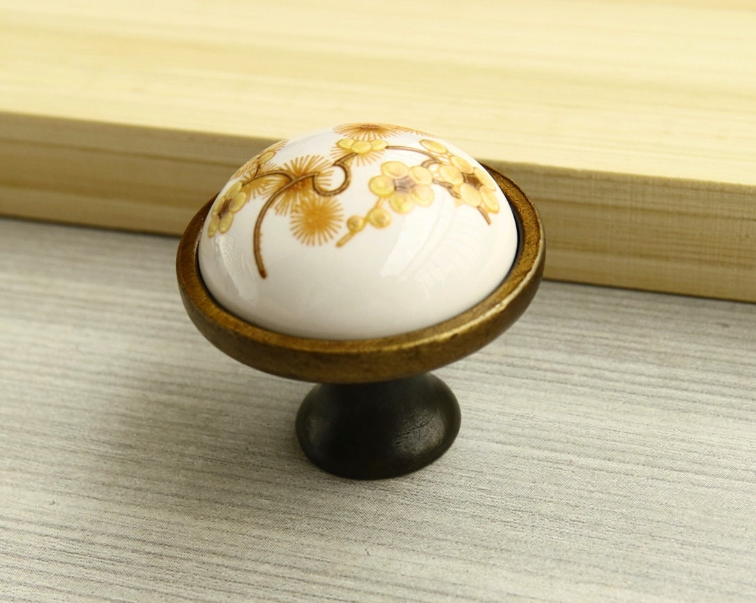 3 Yellow Floral Knob Drawer Dresser Pull White Porcelain - Etsy