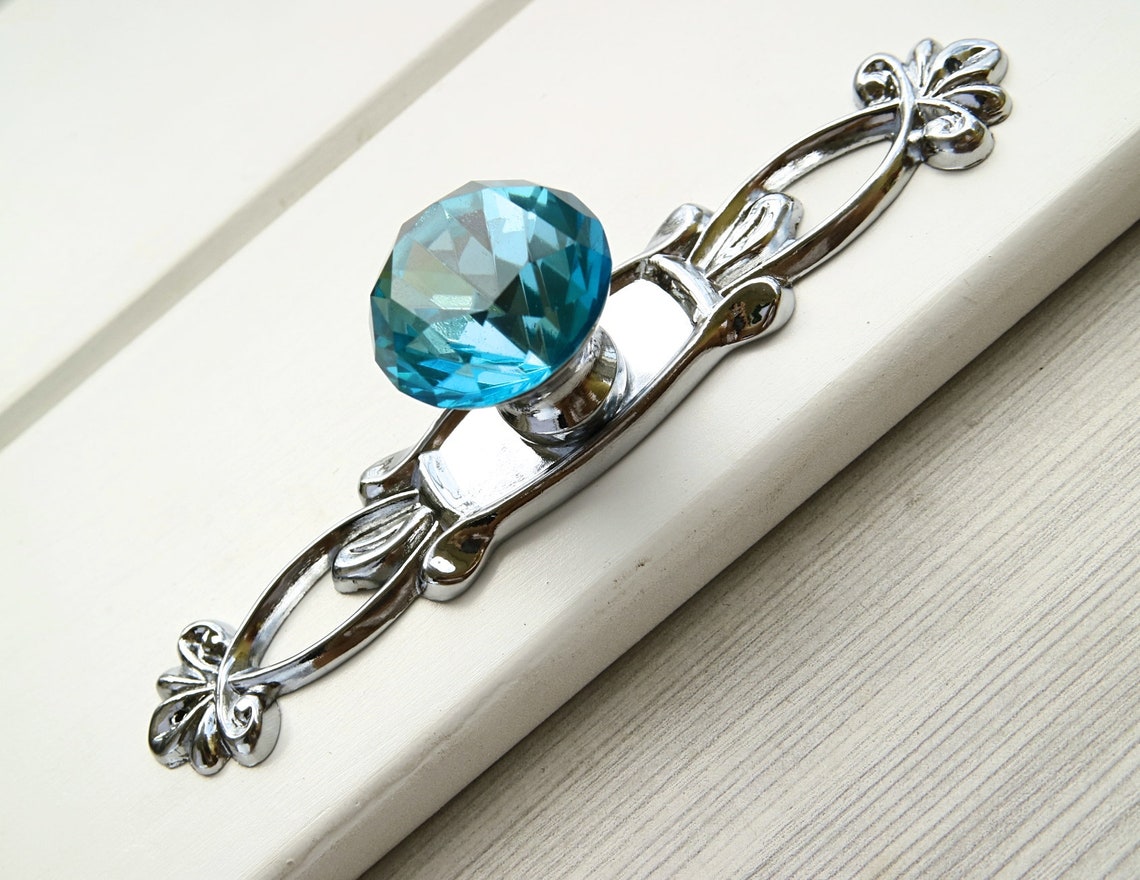Silver Chrome Back Plate Handle Blue Rhinestone Knob Drawer - Etsy