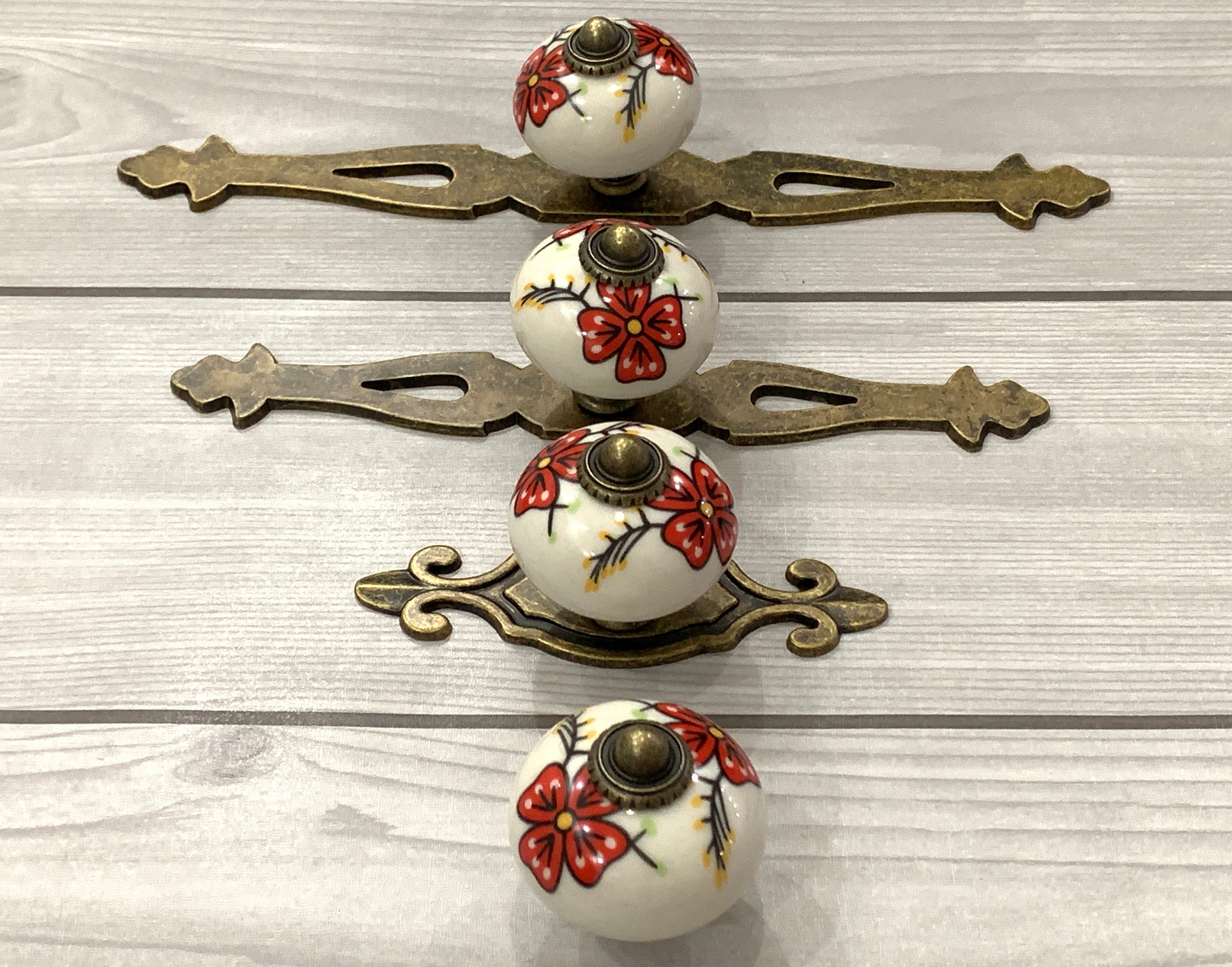 Red Flower Handle Knob Porcelain Handle Pull White Red Drawer Pull ...