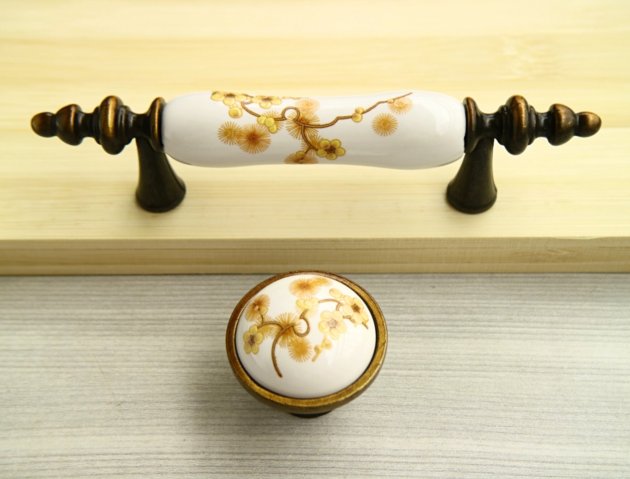 3 Yellow Floral Knob Drawer Dresser Pull White Porcelain - Etsy
