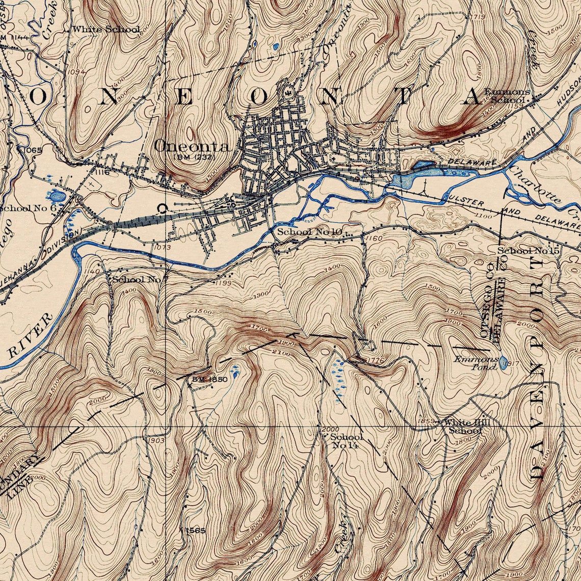 Oneonta, NY - Restored Vintage Map - Etsy