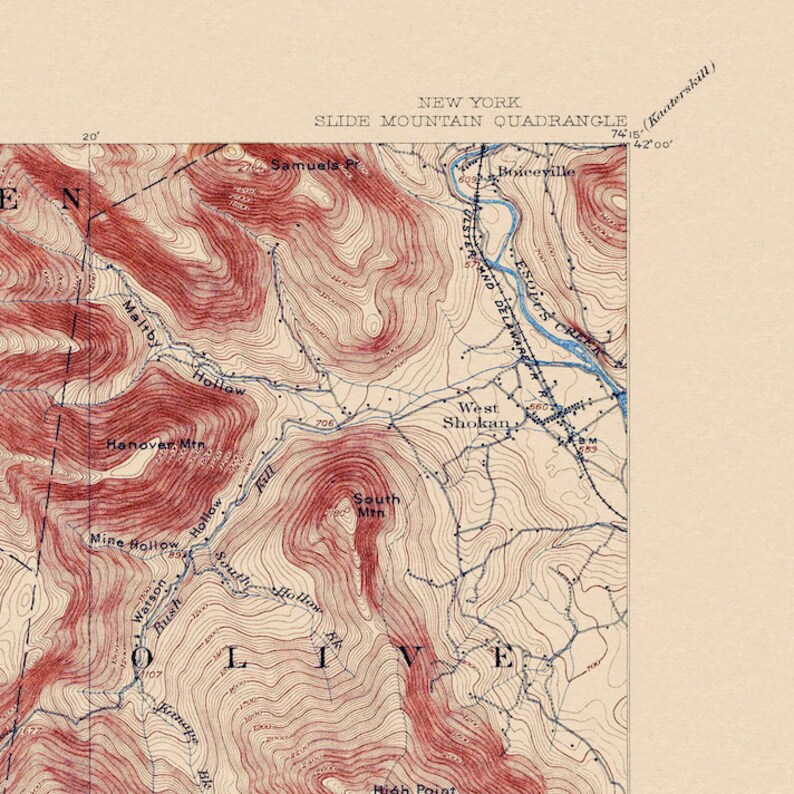 Slide Mountain, NY - Restored Vintage Map - Etsy