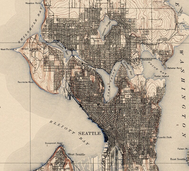 Seattle, Washington Vintage Map 1909 - Etsy