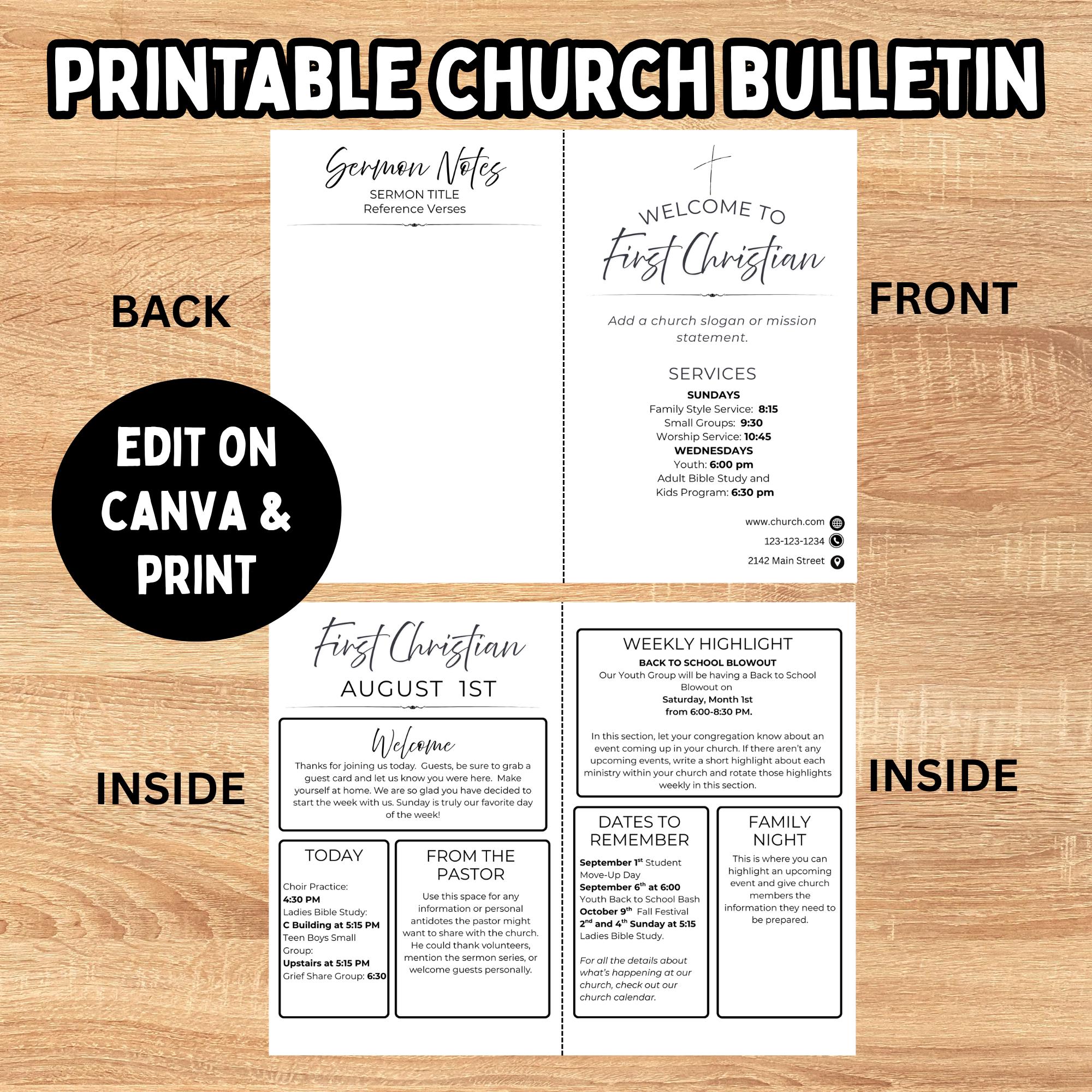 Small Church Editable Bulletin Template: Printable Sunday Service ...