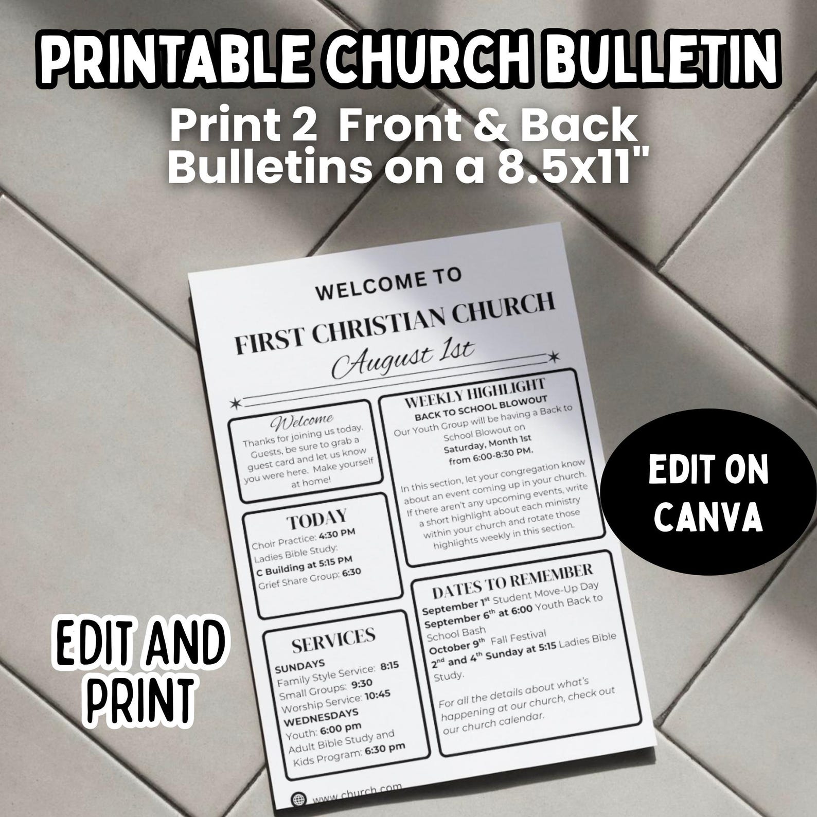 Editable Church Bulletin Template: Printable Sunday Service Program ...