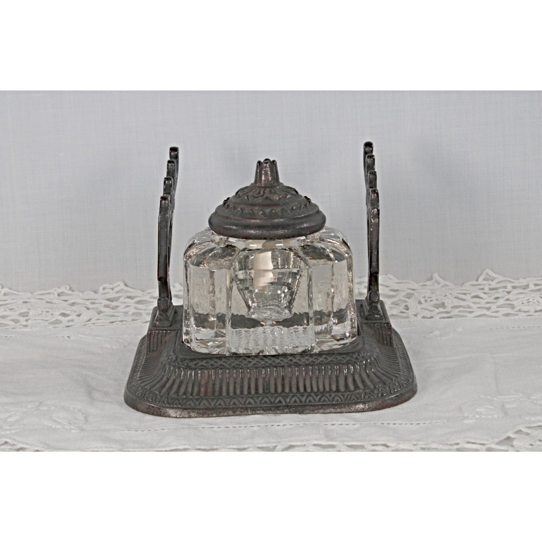 Antique Black Cast Iron Inkwell With Glass Insert and Triple Pen Holder ...