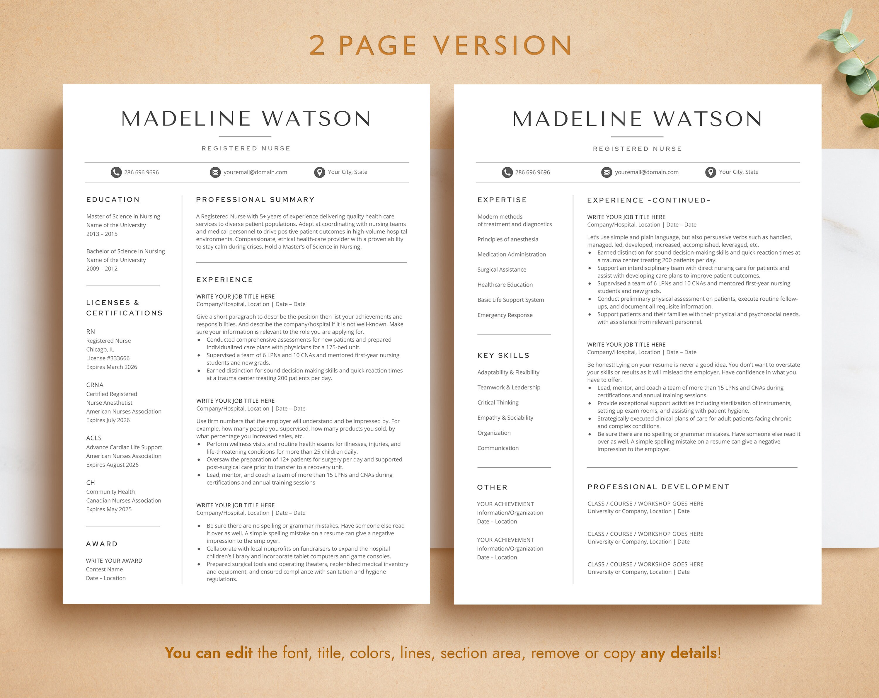 Nursing Resume Template & Cover Letter for Word and Pages Business Card ...