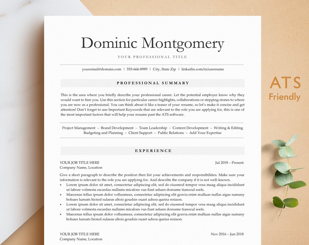 ATS Friendly Resume Template for Word, Pages, Google Docs, ATS ...