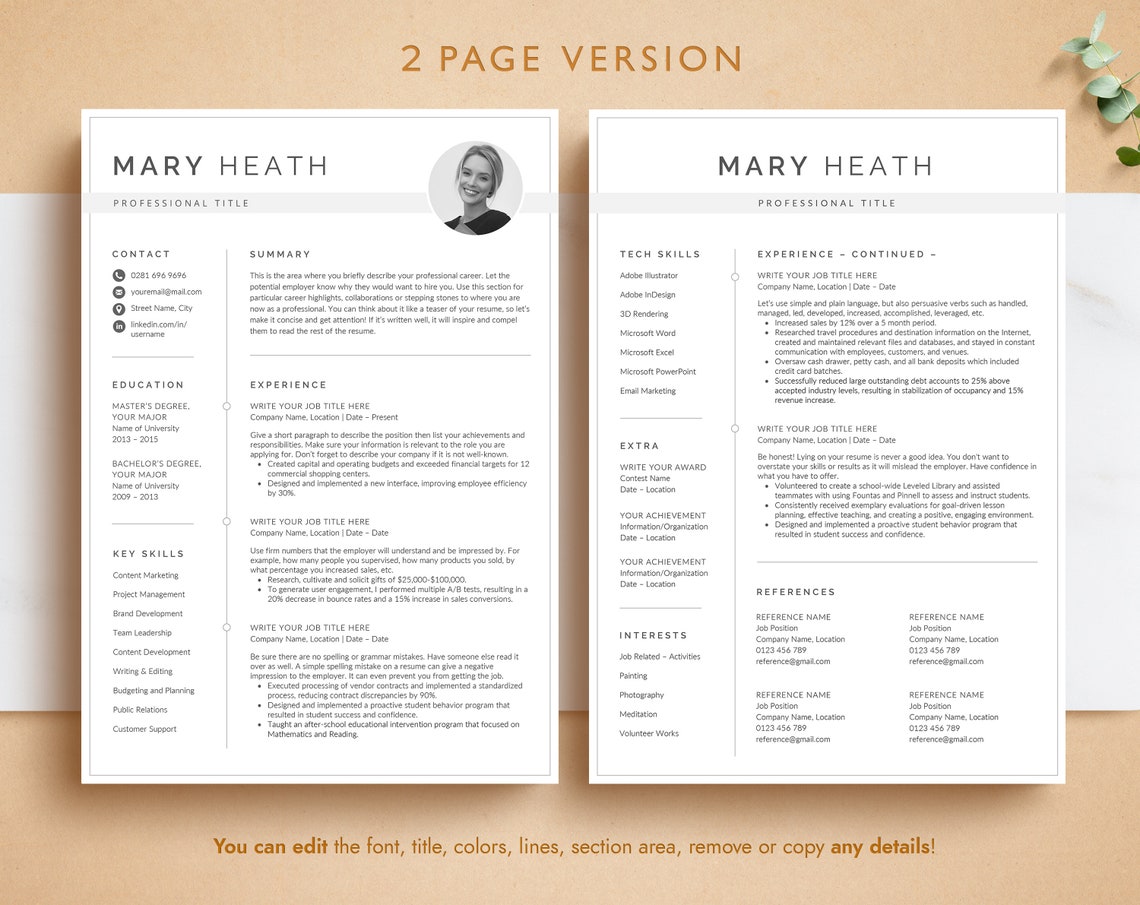 Modern Resume Template for Word & Pages, Headshot Resume Template, CV ...
