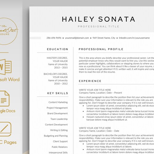 Professional Resume Template for Word Pages Google Docs | Etsy