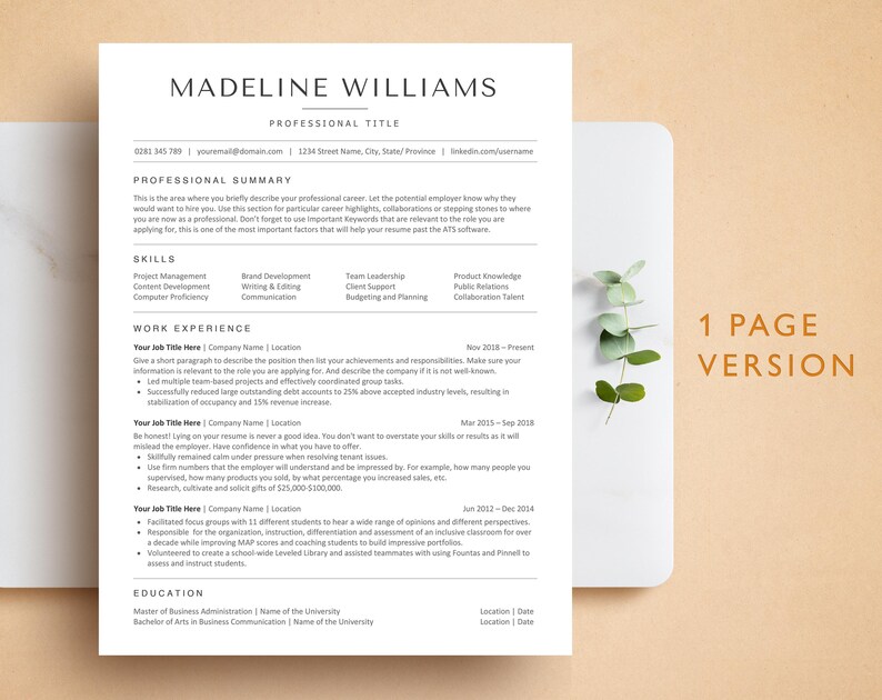 ATS Friendly Resume Template Word, Pages, Google Docs, ATS Resume ...