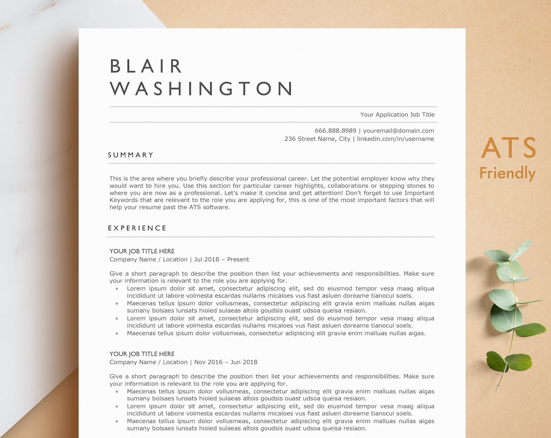 ATS Friendly Resume, Professional Resume Template for Word, Pages ...
