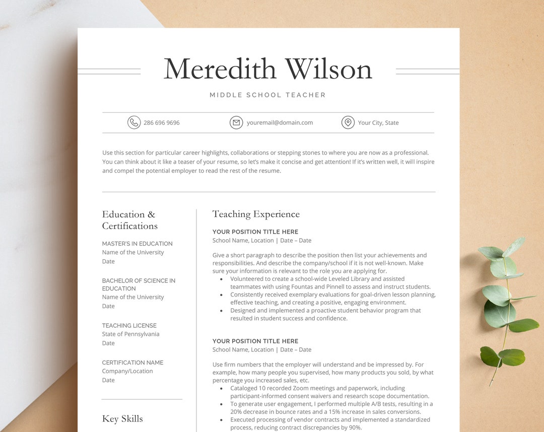 Teacher Resume Template for Microsoft Word & Pages, Professional Resume ...