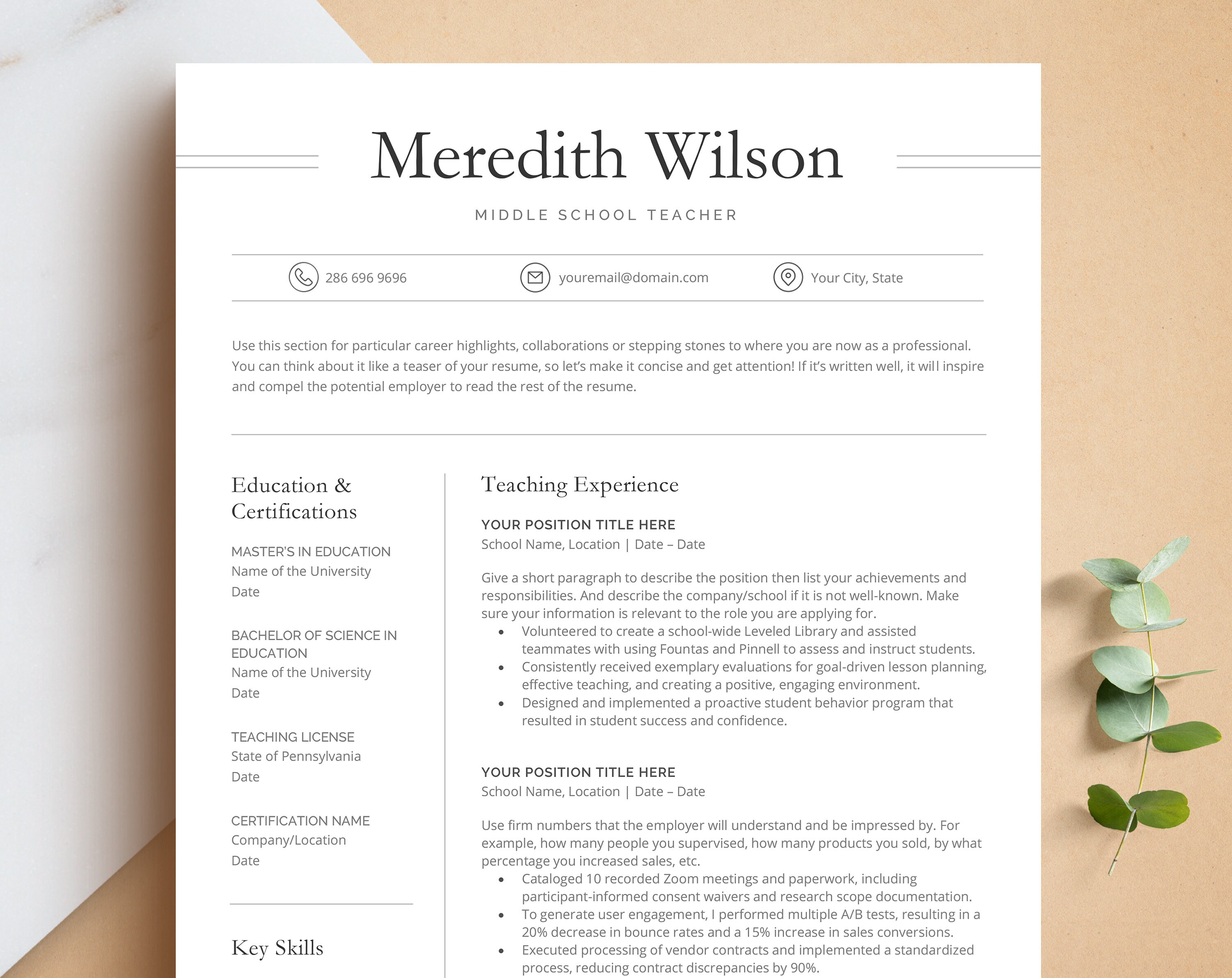 Teacher Resume Template for Microsoft Word & Pages, Professional Resume ...