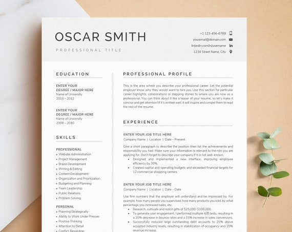 Professional Resume Template for Word Pages Google Docs - Etsy