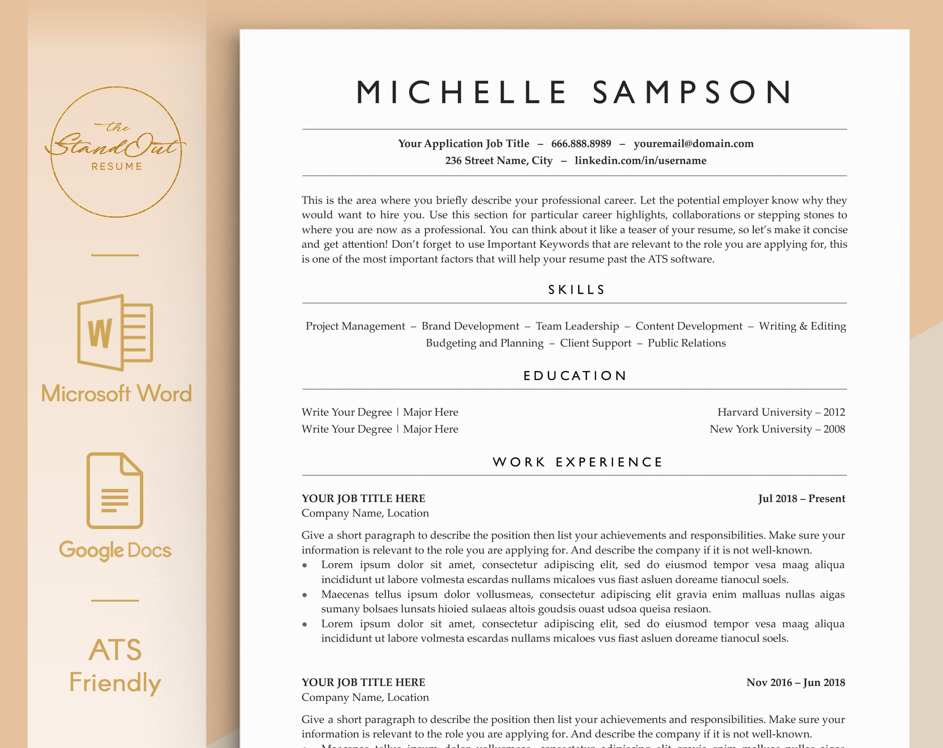 Plantilla de CV amigable con ATS para Word &google docs CV | Etsy