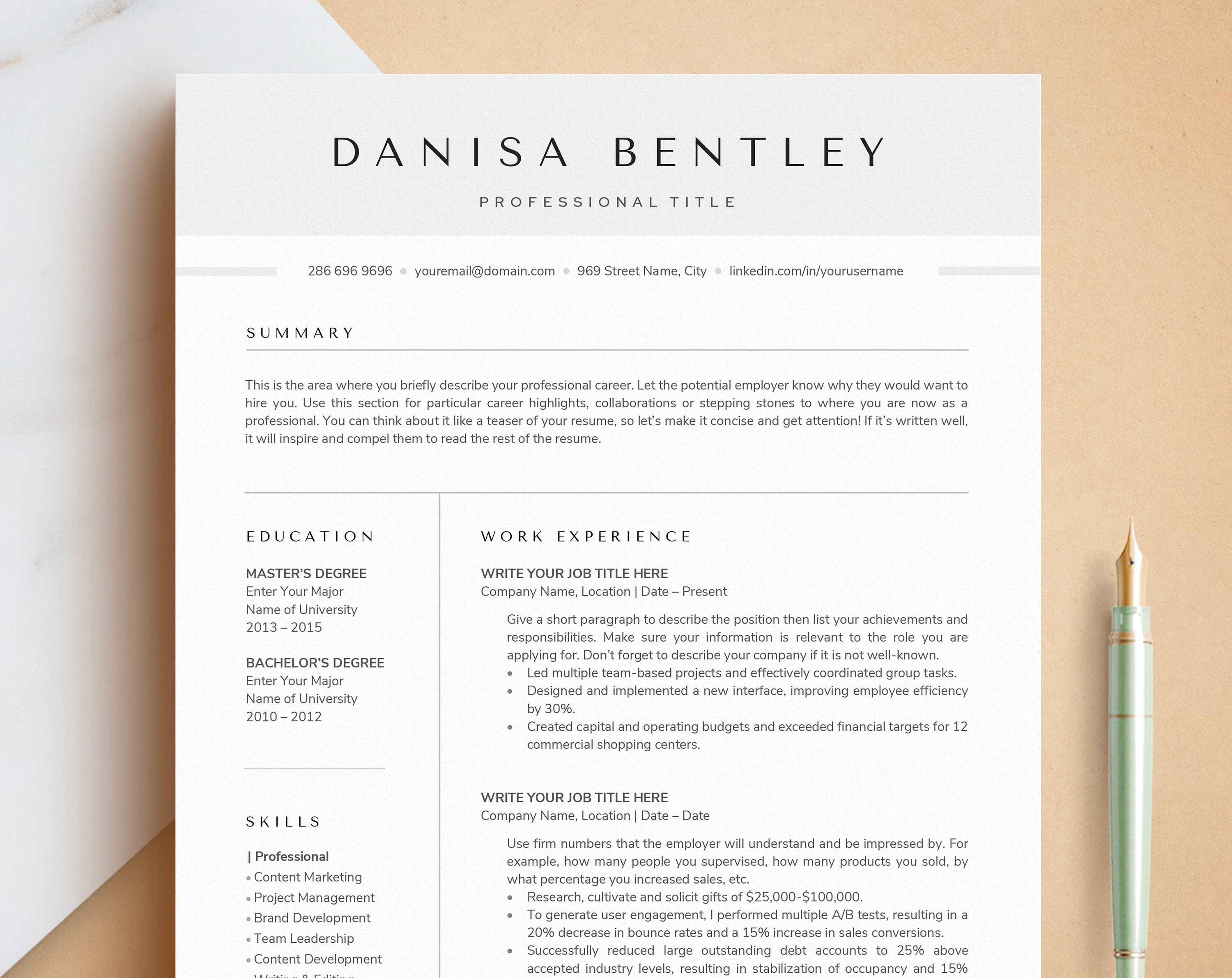 1, 2 & 3 Page Modern Resume Template for Word, Pages, Google Docs ...