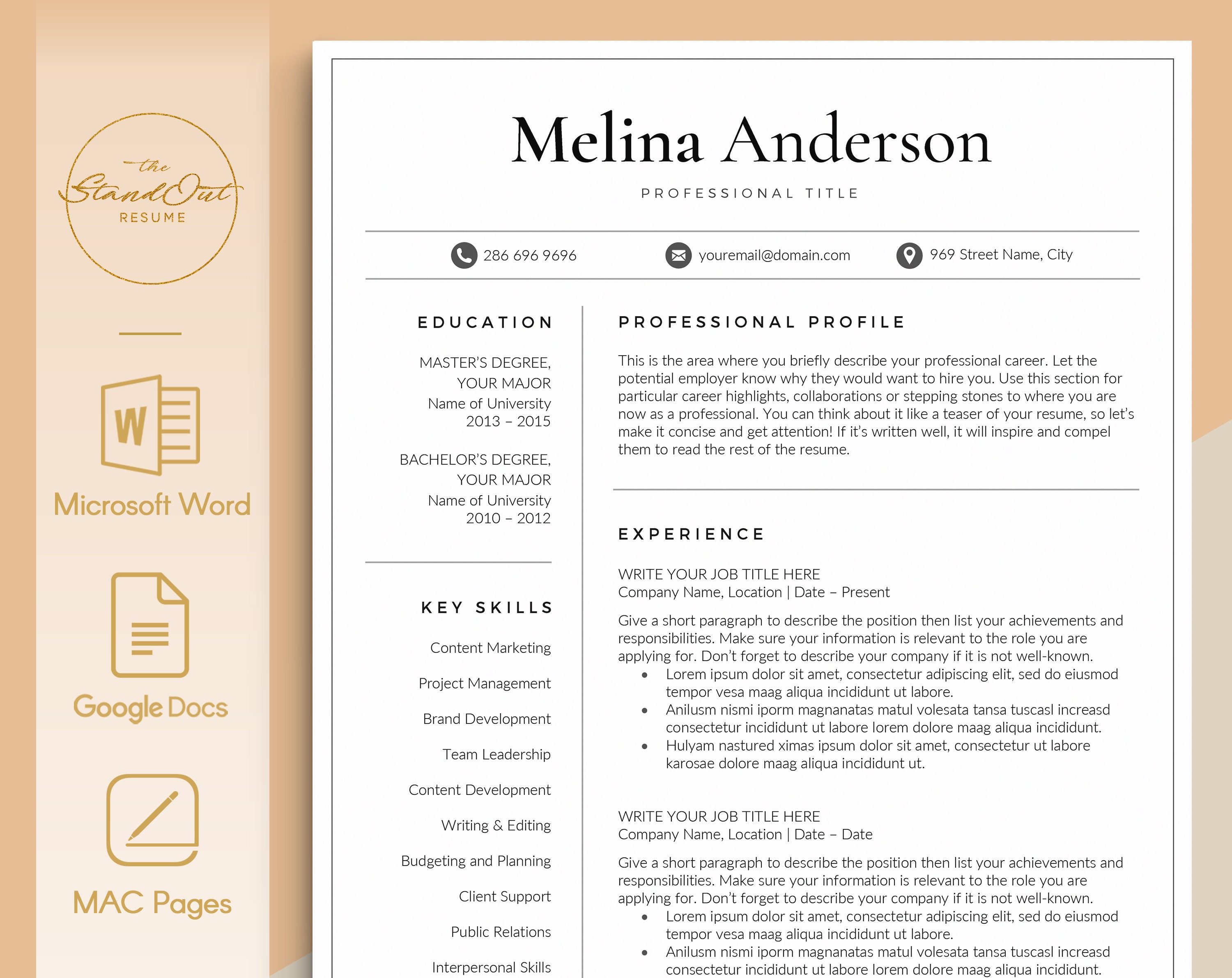 Professional Resume Template for Word Pages Google Docs | Etsy