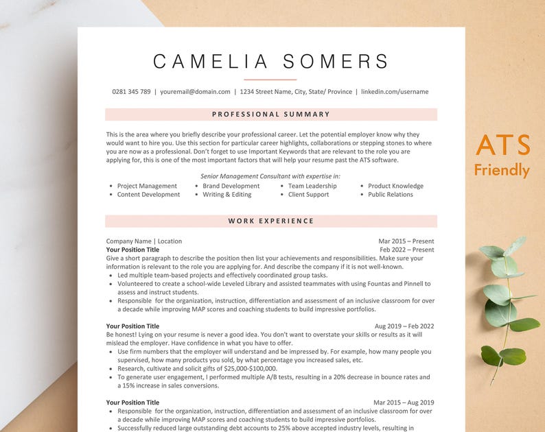 ATS Friendly Resume, ATS Resume Template Word, Pages, Google Docs, ATS ...