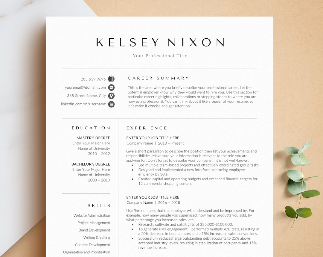 1-3 Page Professional Resume Template, Simple Resume Template for Word ...